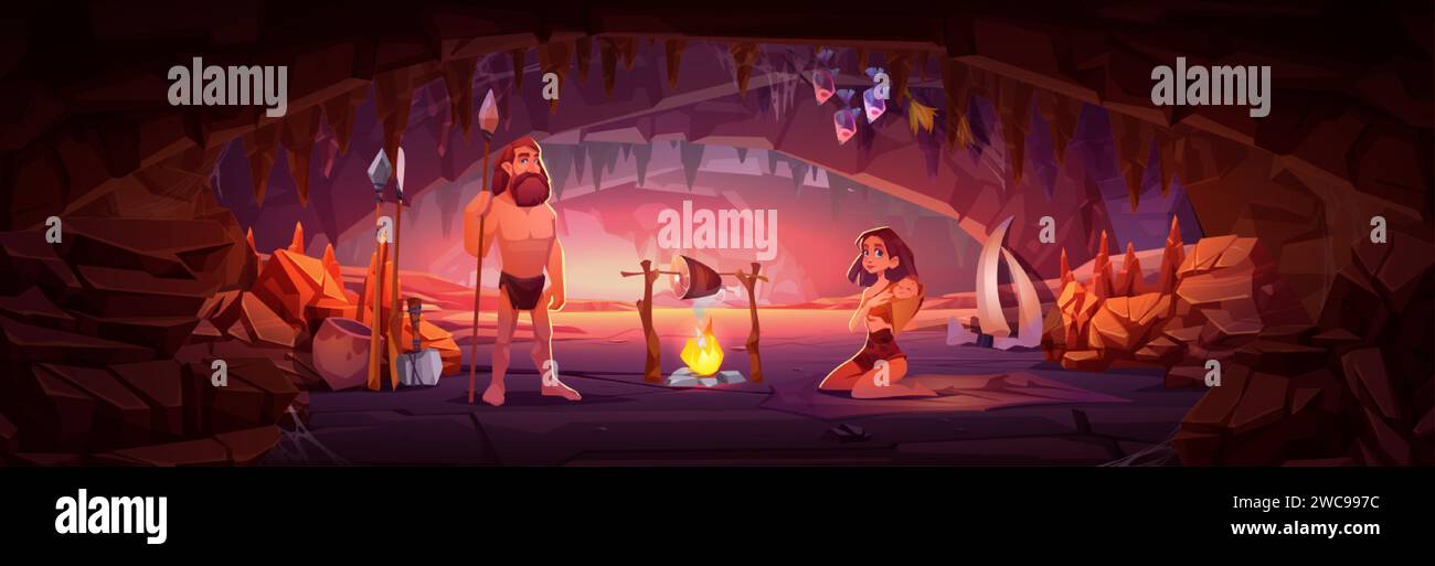 Prehistoric age cave with man cartoon vector scene. Primitive human ...