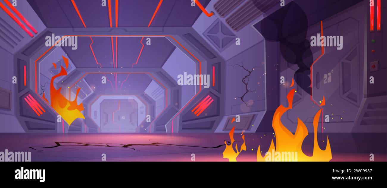 Space ship hall interior in fire and smoke. Cartoon vector illustration ...