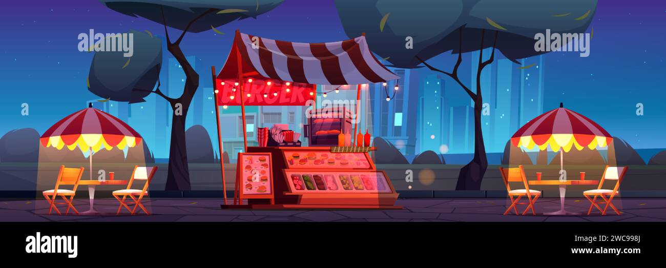 Outdoor burger stall in night city park. Vector cartoon illustration of ...