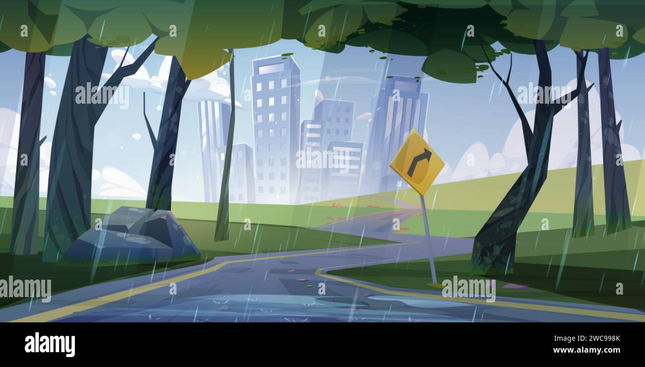 Asphalt twisting road to city in rainy weather with puddles and sign ...