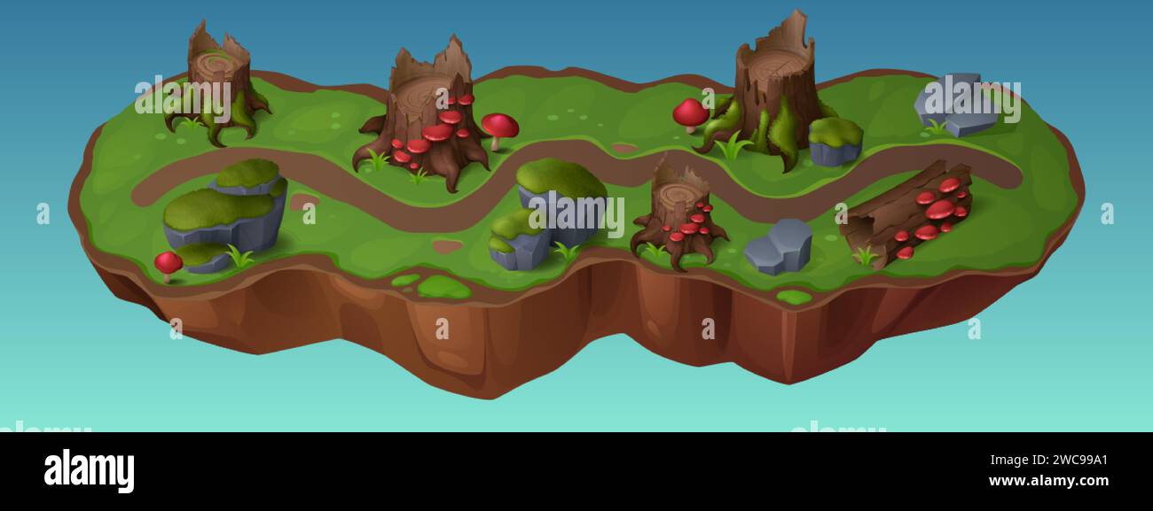 Forest and swamp game map with road among tree stumps and logs with ...
