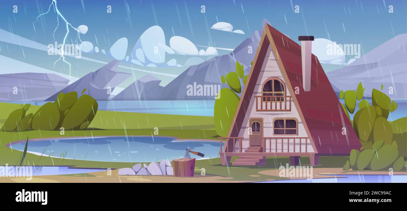 Wooden cottage near mountain lake in rainy weather. Vector cartoon ...