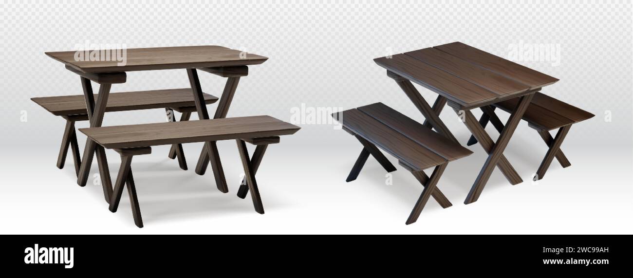 3d wood outdoor picnic table with bench for garden or park. Isolated ...