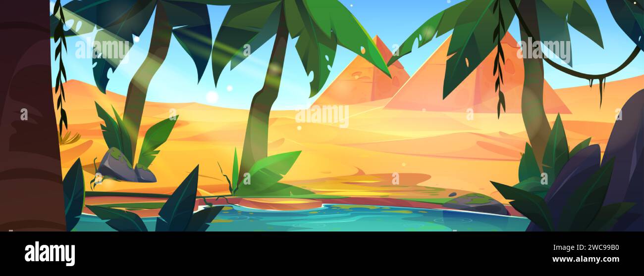 Lake in sandy desert with ancient pyramids. Vector cartoon illustration ...