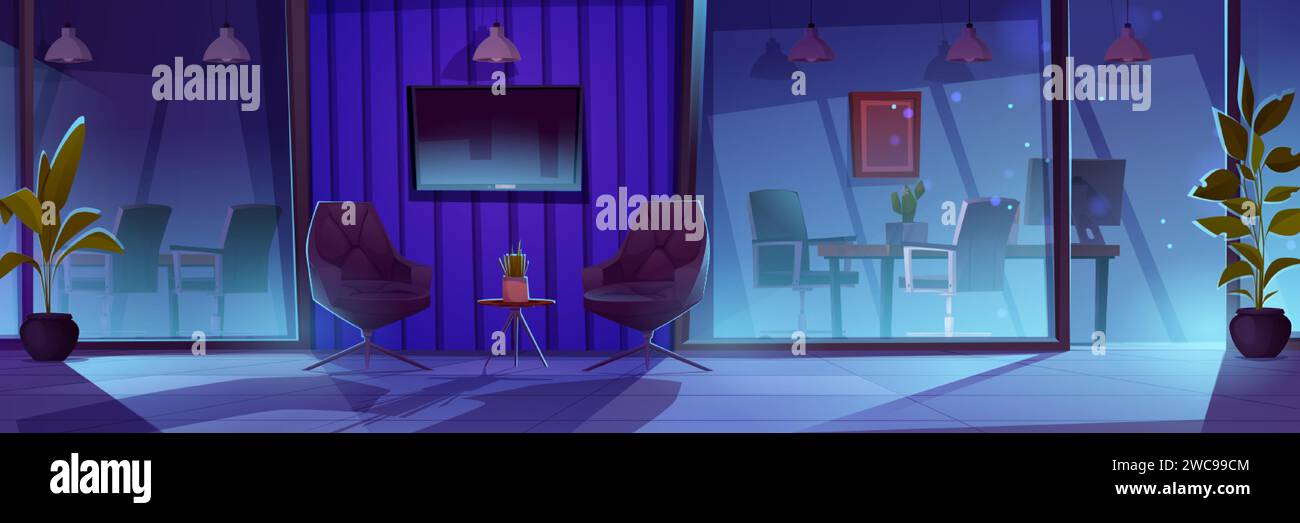 Modern company office at night. Vector cartoon illustration of dark ...