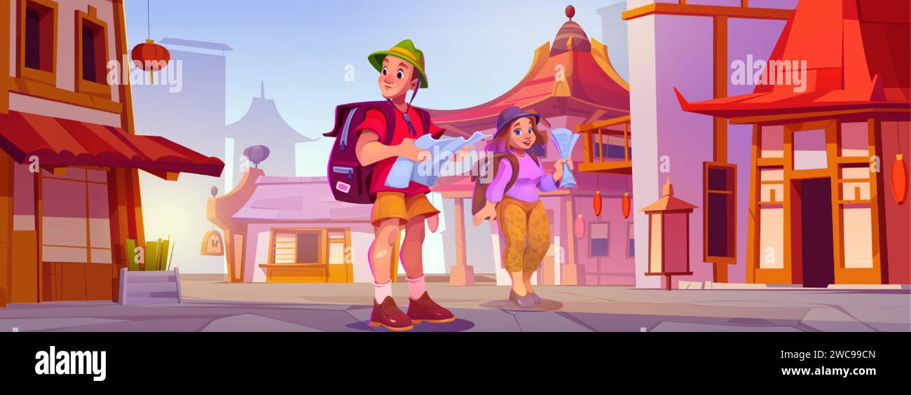 Tourists with maps in chinese city street. Vector cartoon illustration ...