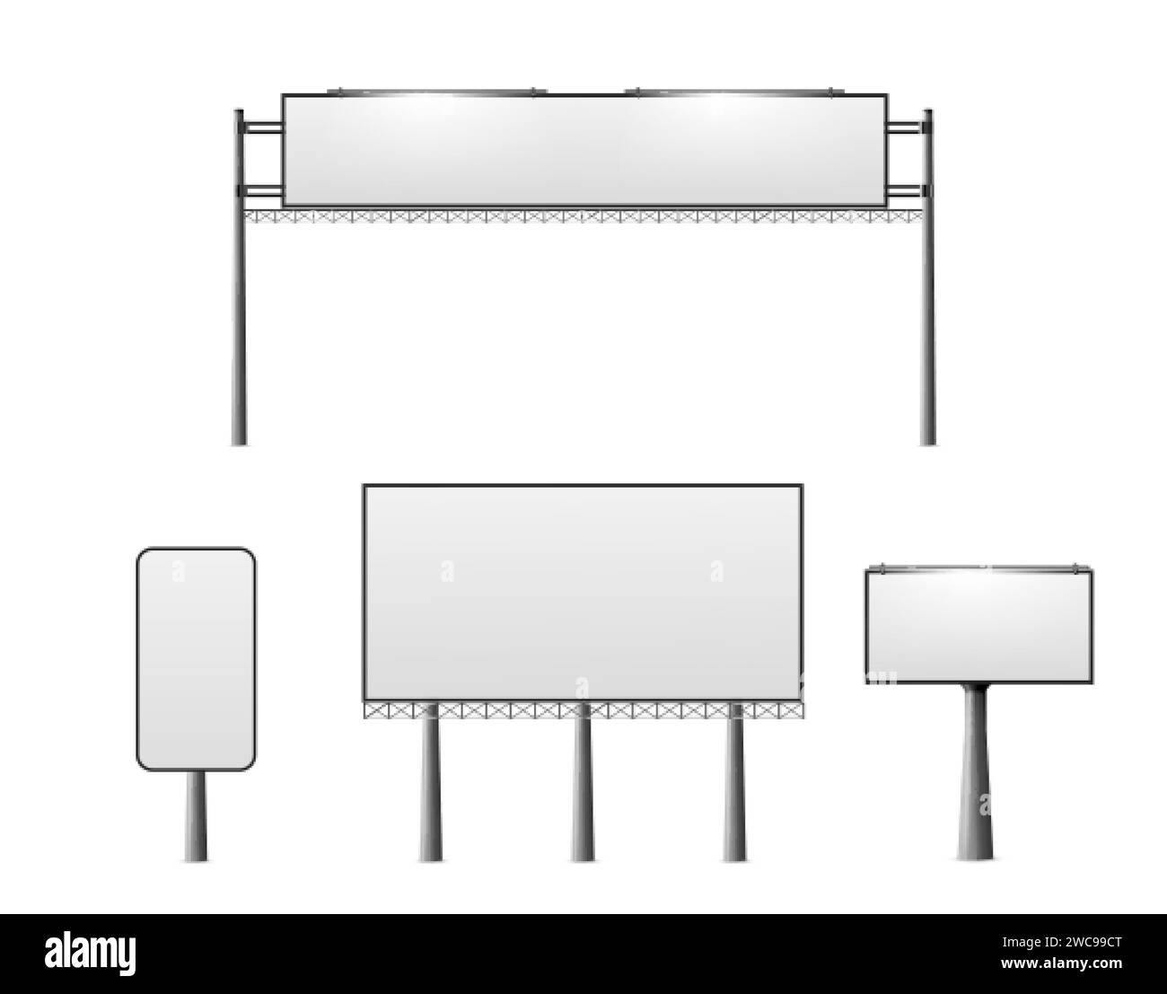Street billboard mockup with blank white banner and lamps on metallic pillars. Realistic vector ...