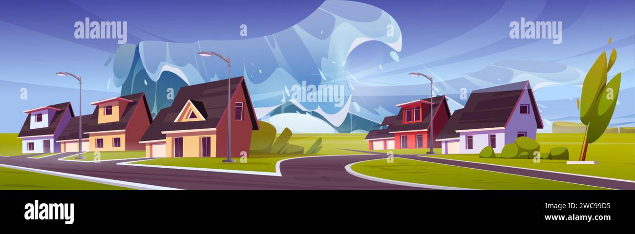 Tsunami disaster concept with giant water wave covers coast with ...