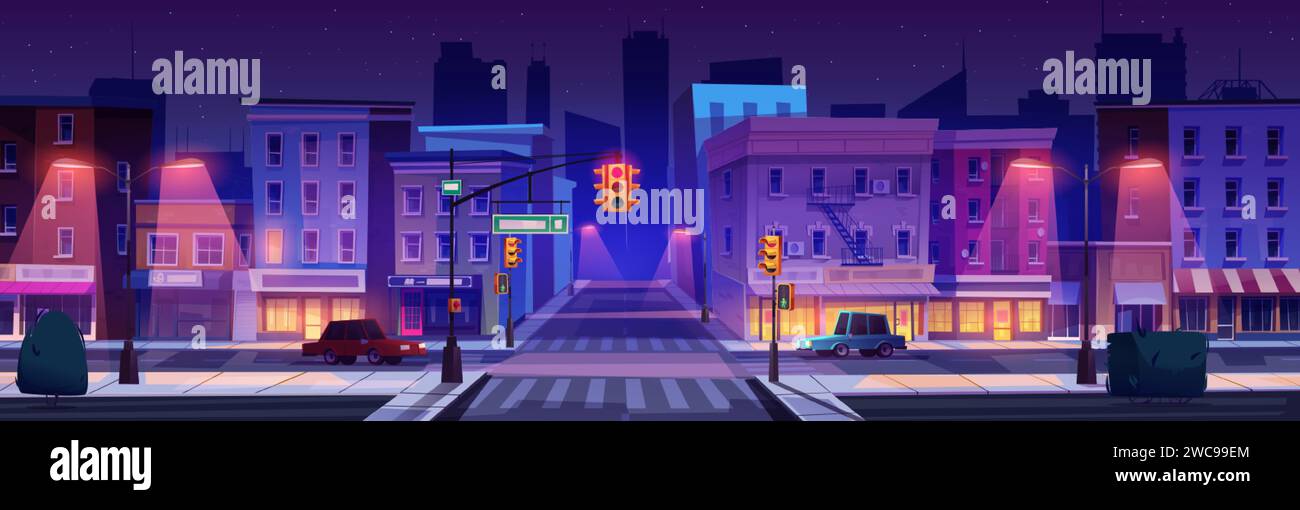 Night city street intersection. Vector cartoon illustration of cars on ...