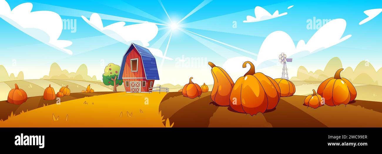 Cartoon farm landscape with red wooden barn and pumpkin harvest on ...