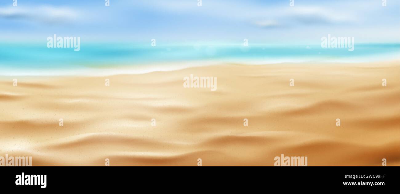 Realistic sea or ocean beach background with sand, water and clouds on ...