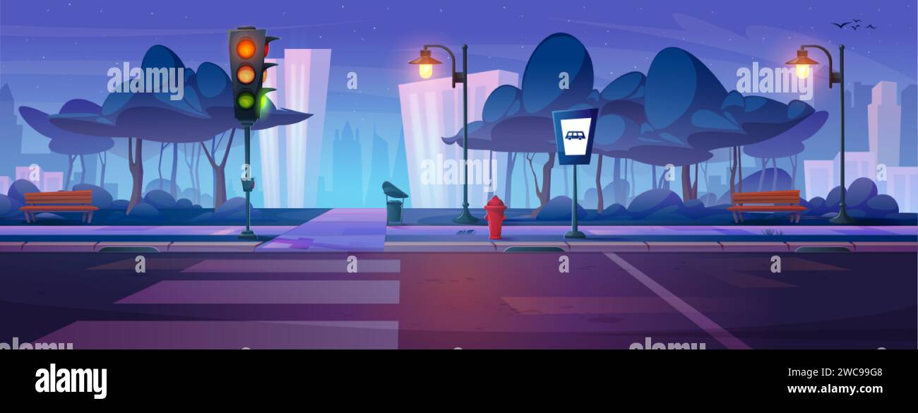 Dark night city street sidewalk near public park with pedestrian ...