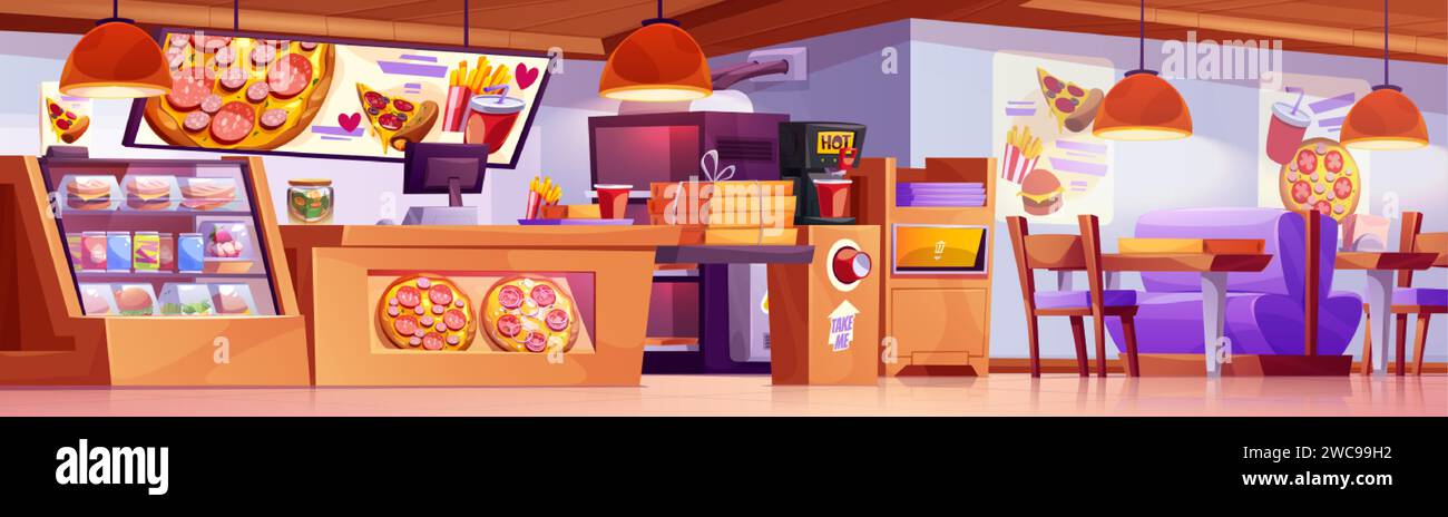Pizza and fast food restaurant interior. Vector cartoon illustration of ... Pizza and fast food restaurant interior. Vector cartoon illustration of ...