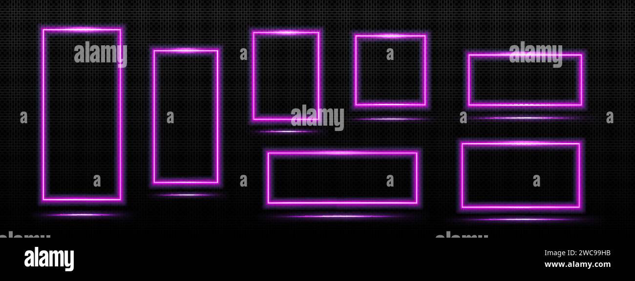Neon rectangular and square frame with light glowing effect. Realistic ...