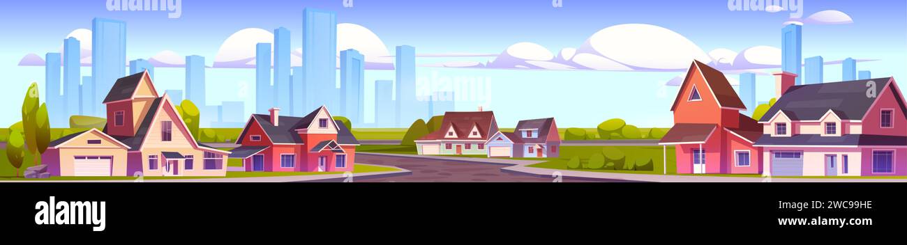 Suburban town street against big city background. Vector cartoon ...