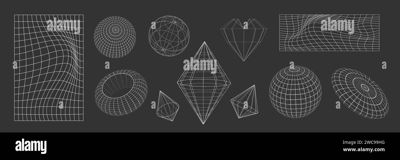 Y2k white grid abstract shape. Vector illustration set of wireframe ...