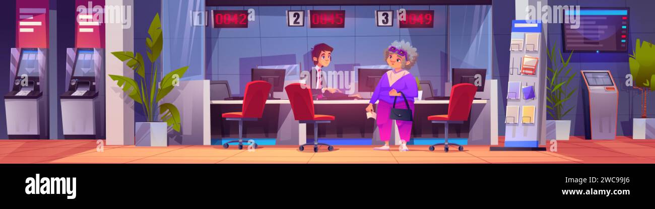 Bank manager talking to senior client in office. Vector cartoon ...