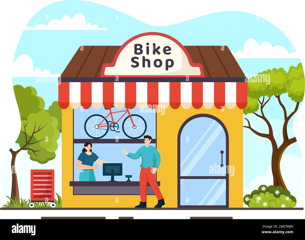 Bike Shop Vector Illustration with Shoppers People Choosing Cycles ...