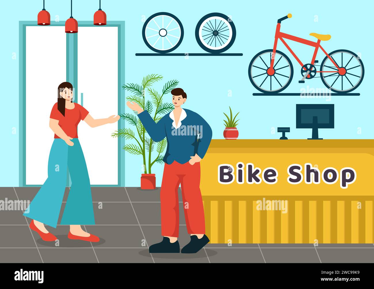 Bike Shop Vector Illustration with Shoppers People Choosing Cycles ...