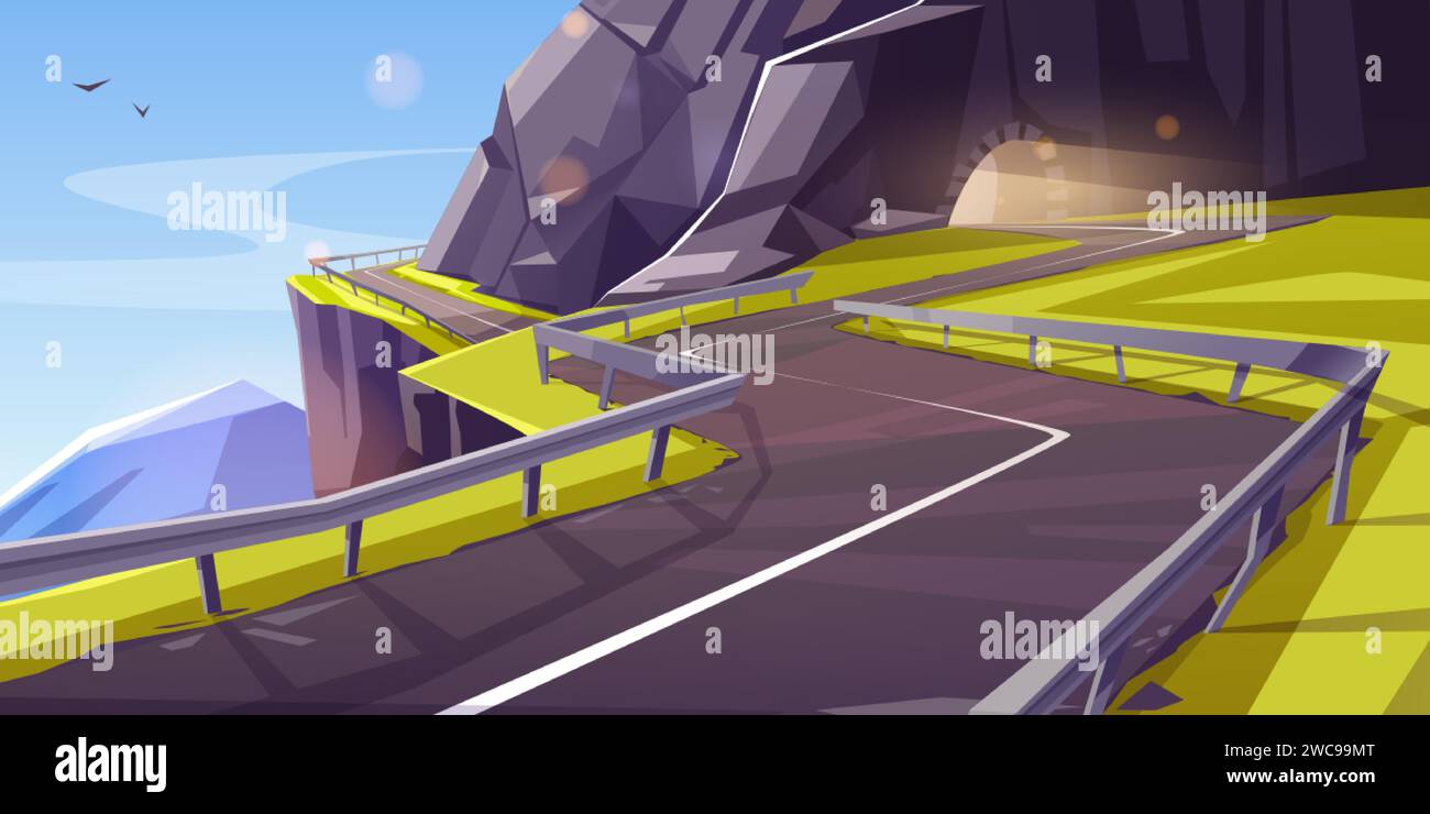 Empty curve serpentine road over cliff in mountains goes out of tunnel ...