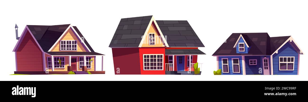 Suburban and countryside house with windows and doors, roof and patio ...