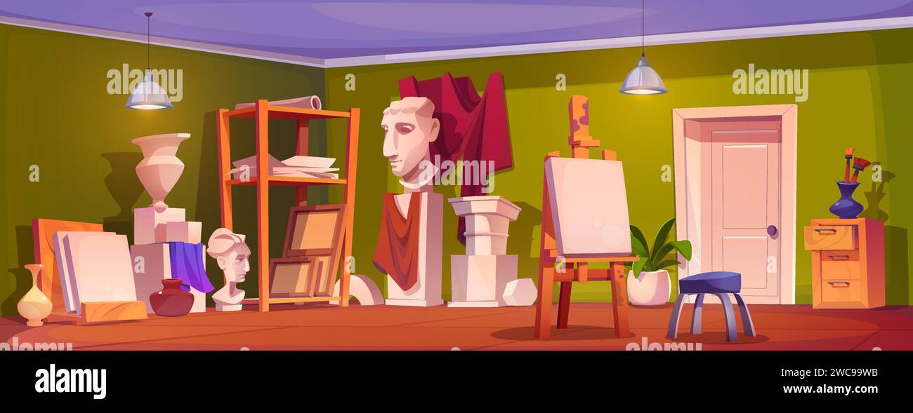 Art studio workshop interior with painting tools and materials. Cartoon ...