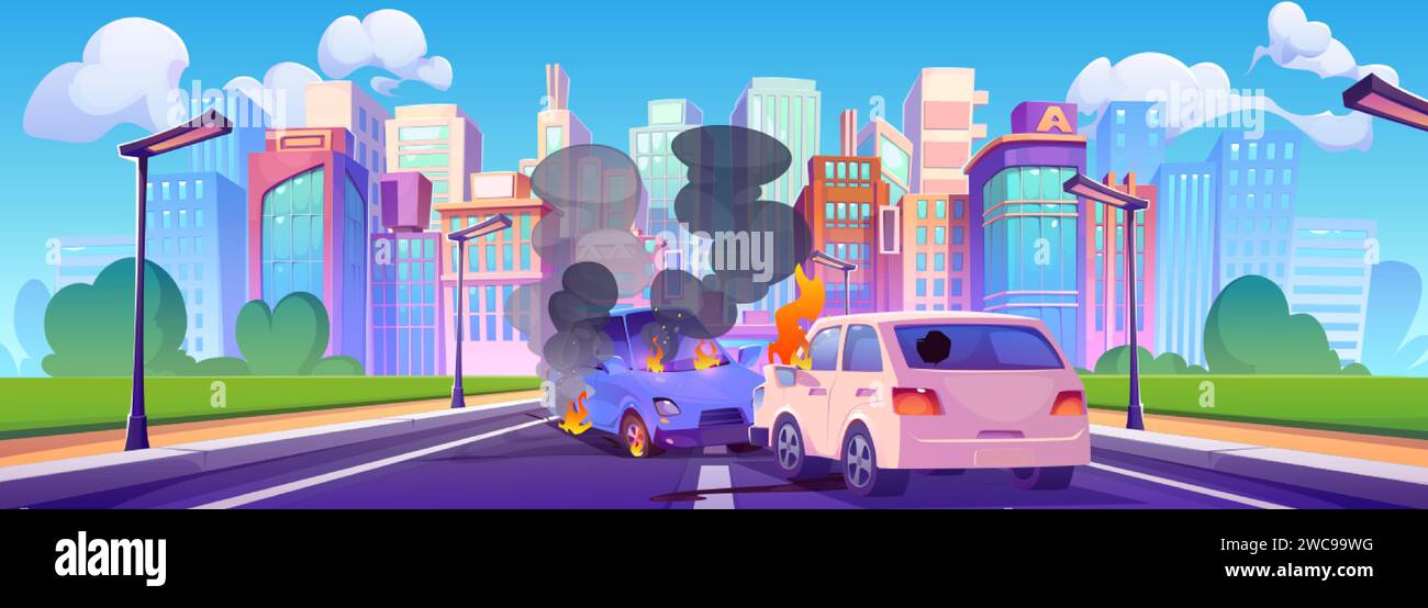 Car accident on city road near high rise buildings. Frontal collision ...