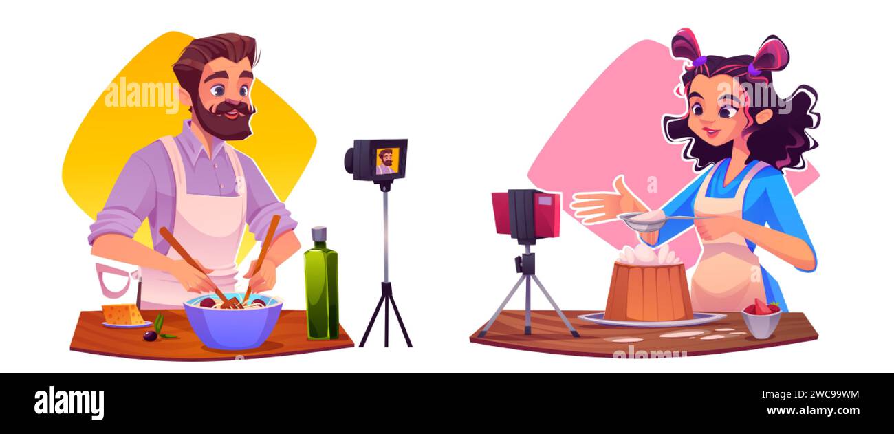 Cartoon food video blog vector illustration. Young woman and man ...