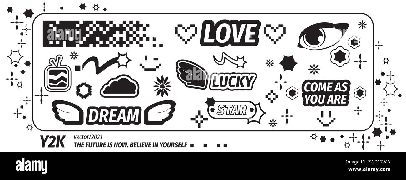 Y2k black monochrome abstract shape and sign. Vector illustration set of simple geometric forms ...