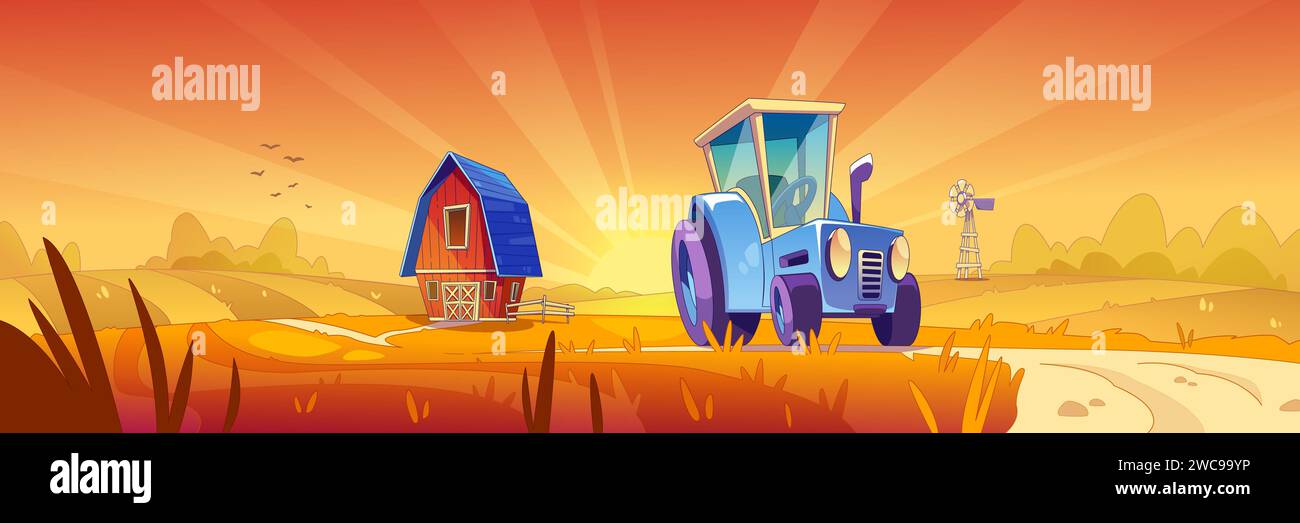 Cartoon autumn farm landscape with red wooden barn, blue tractor on ...