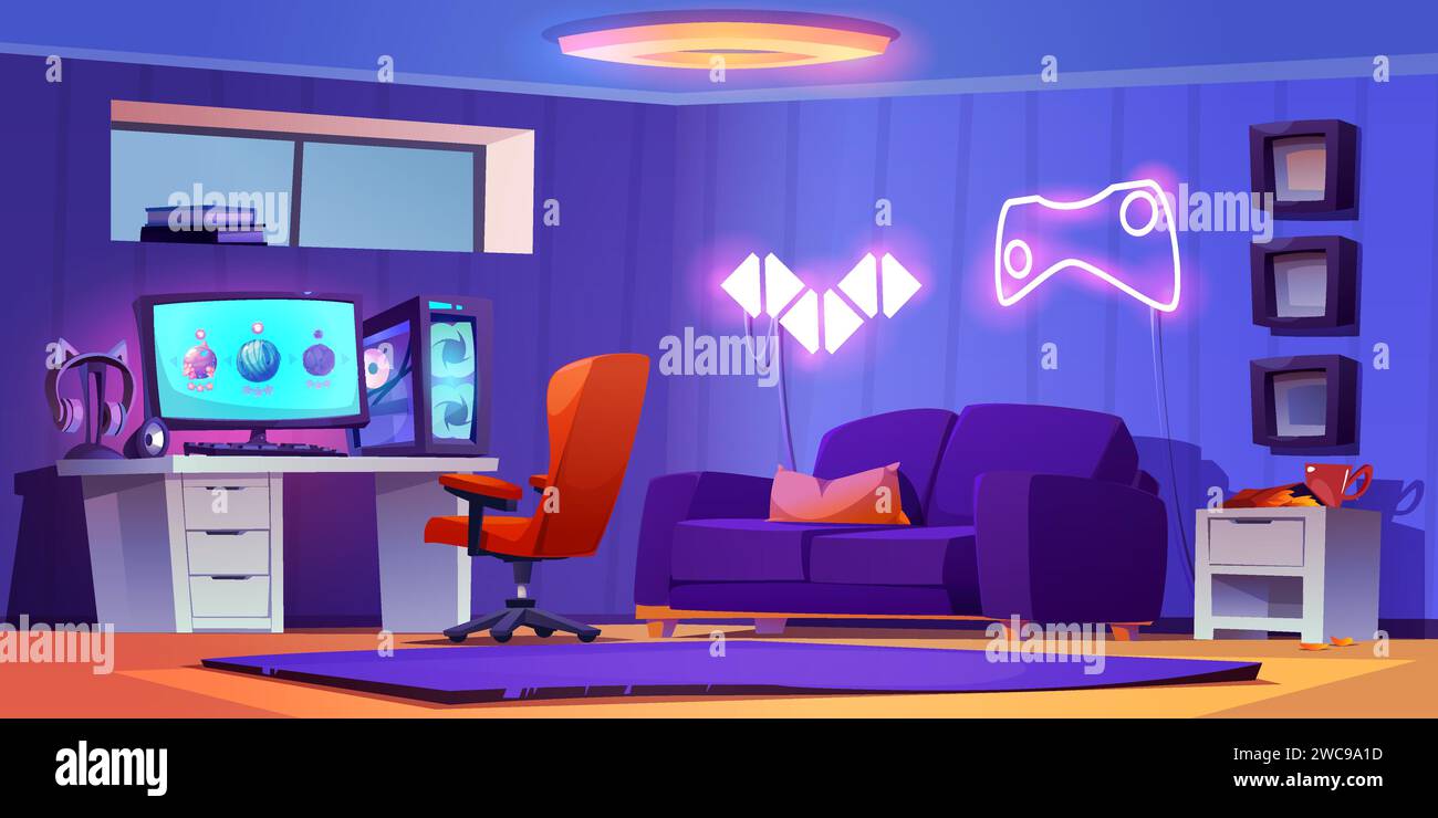 Game room interior for playing and streaming. Gamer setup with computer ...