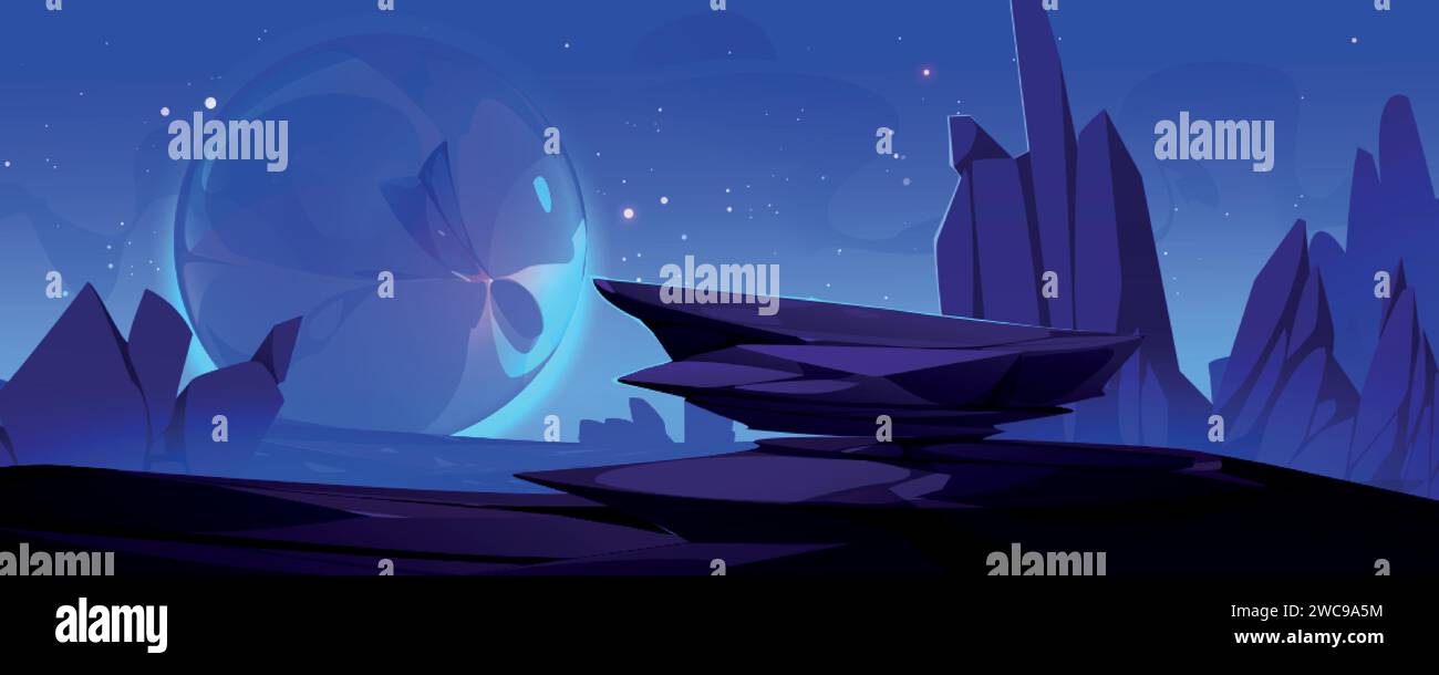 Alien planet landscape at night. Vector cartoon illustration of rocky ...