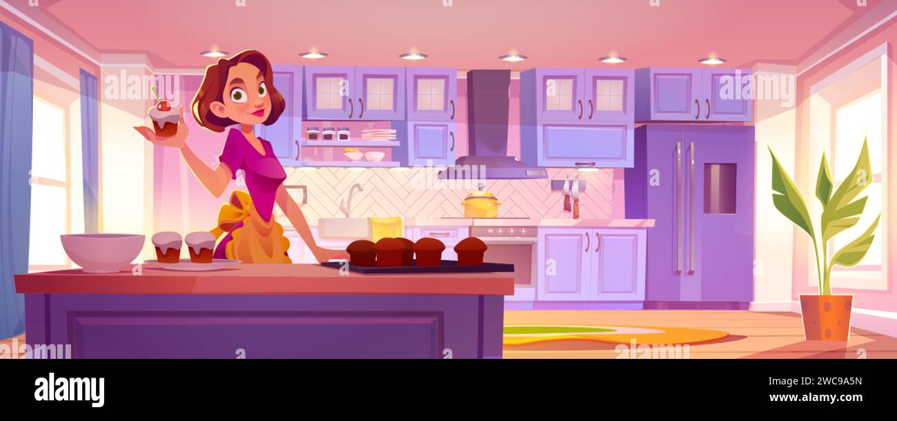 Housewife cooking muffins in kitchen. Vector cartoon illustration of ...