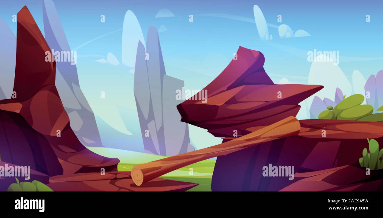 Rocky cliff with bridge made of wooden log. Cartoon vector summer ...