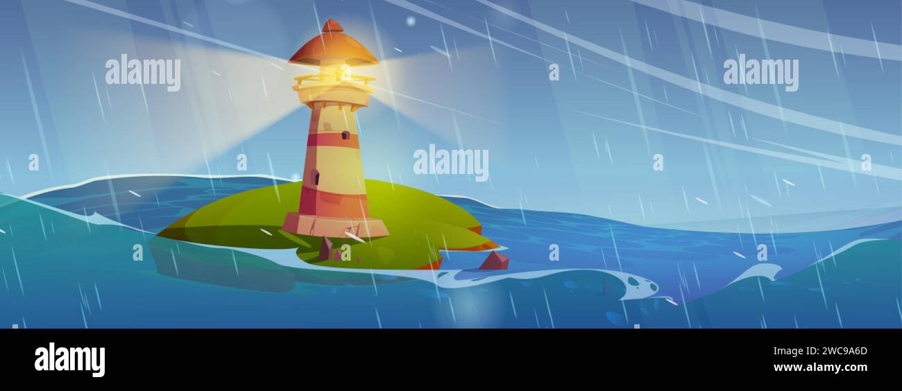 Lighthouse on little island with green grass in sea or ocean under rain ...