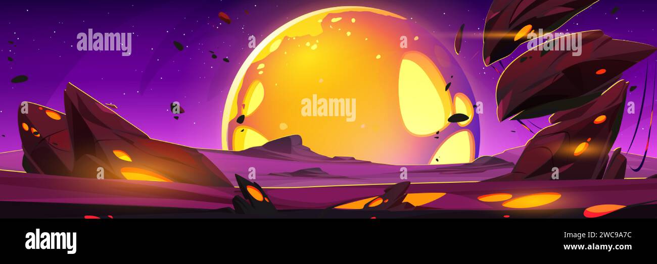 Purple alien landscape with planet ground surface with rocks and yellow ...