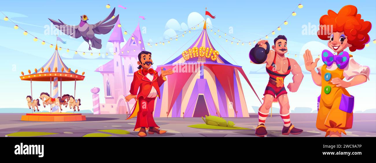 Circus or carnival artists in amusement park. Cartoon vector ...