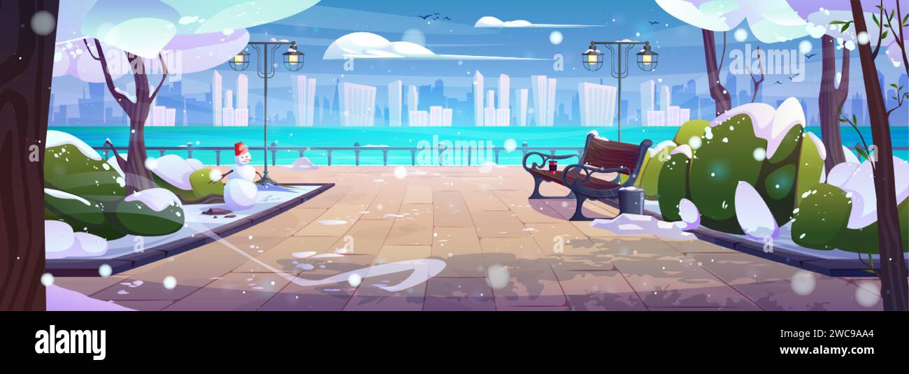 Snow winter park with embankment and sea view. Snowy street and bench ...