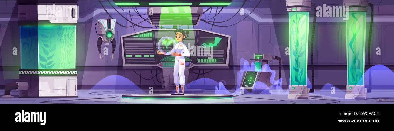 Female scientist in spaceship laboratory. Vector cartoon illustration ...