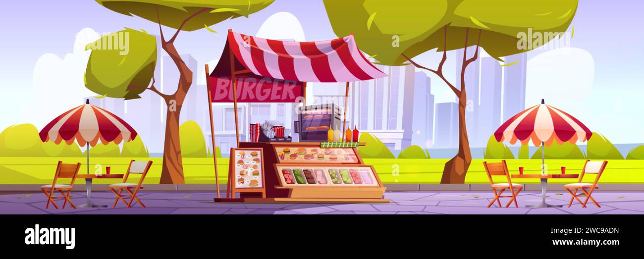 Street food fair market with burger in city park cartoon background ...