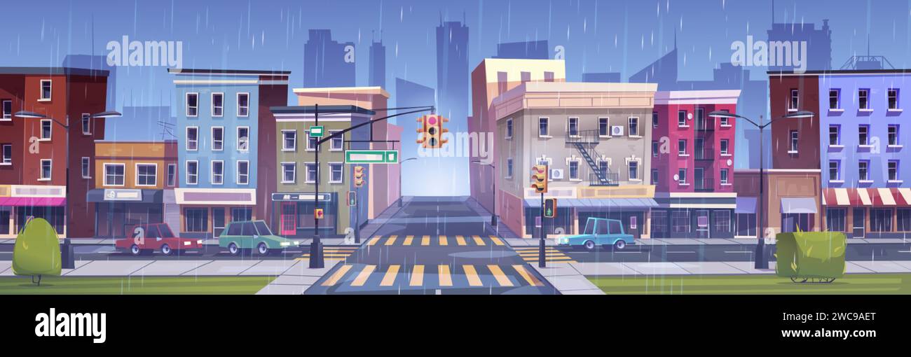 City street intersection in rainy weather. Vector cartoon illustration ...