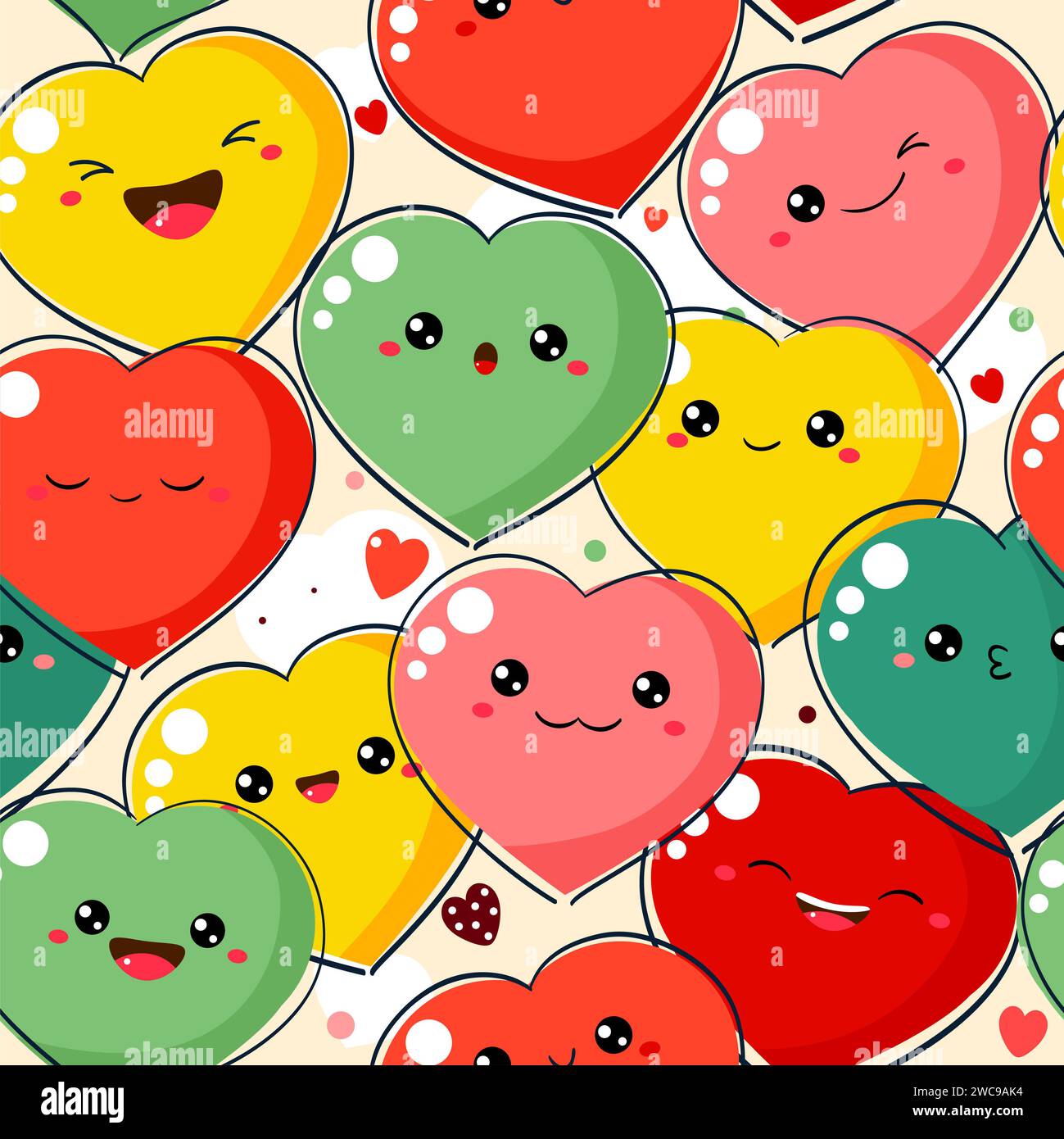 Seamless pattern with cartoon hearts with emoji faces. Cute Valentine ...