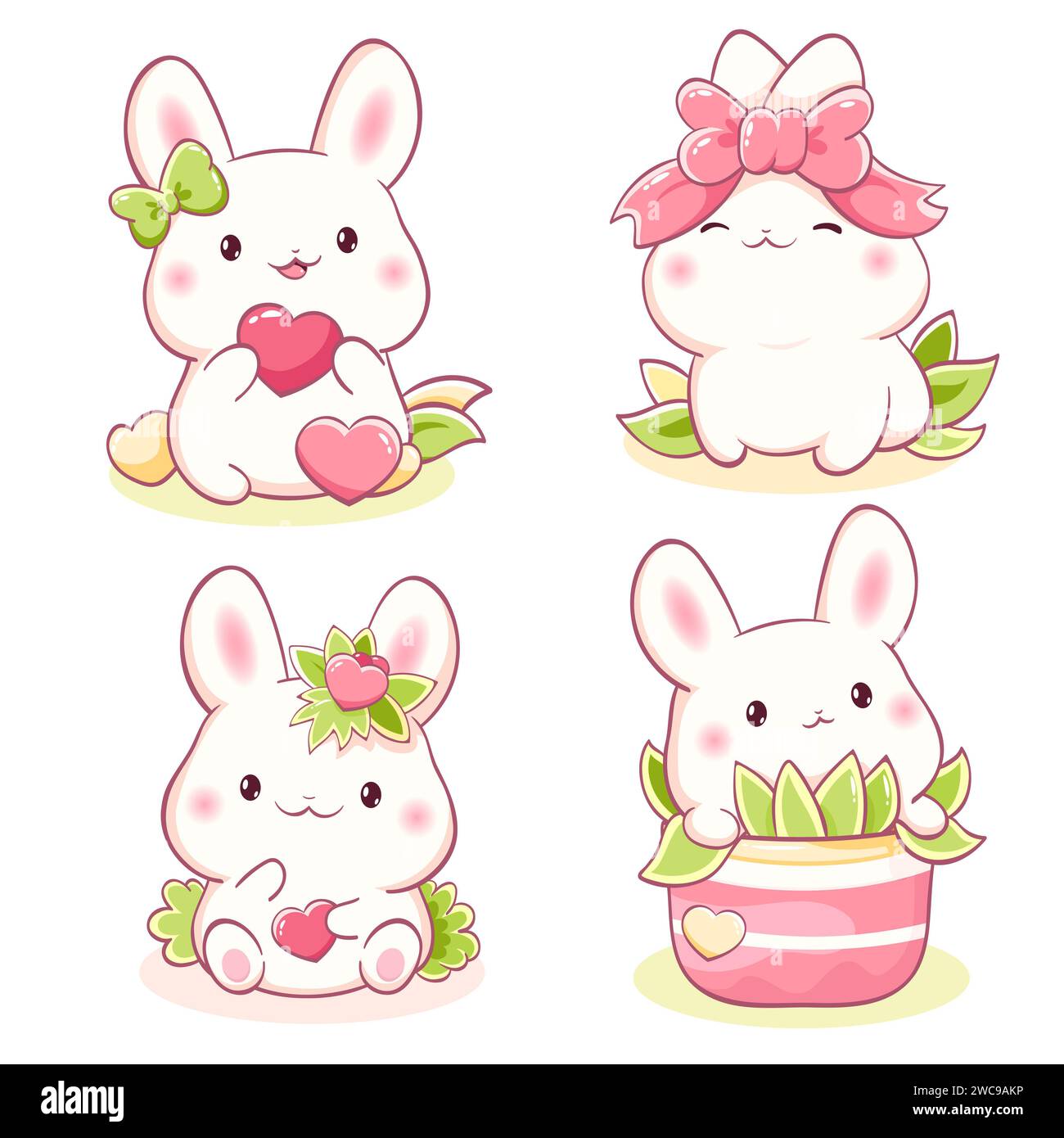 Set of little bunny in kawaii style. Tiny baby rabbits in multiple ...