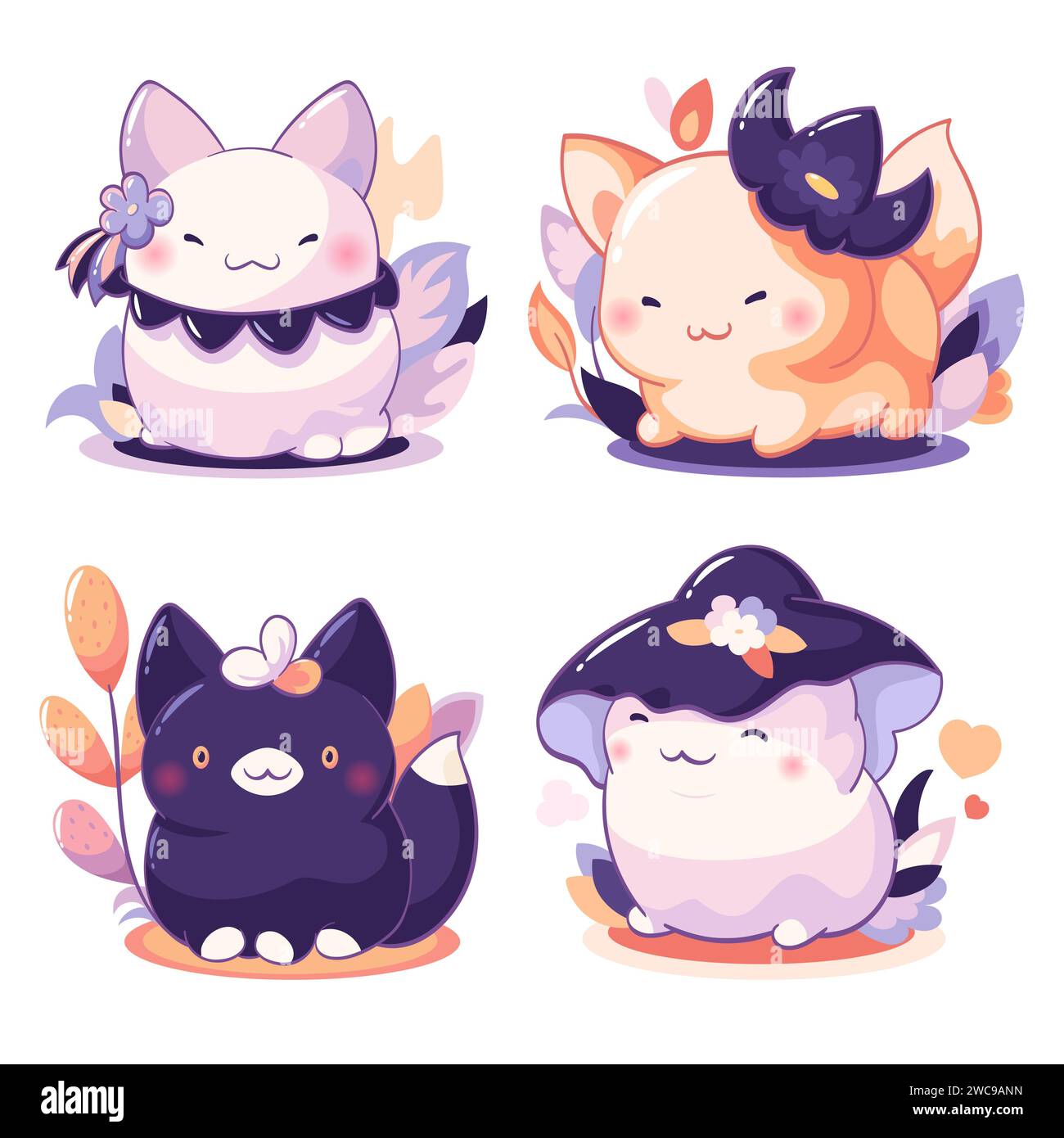 Hello autumn. Set of little kitty in kawaii style. Tiny baby cat in ...