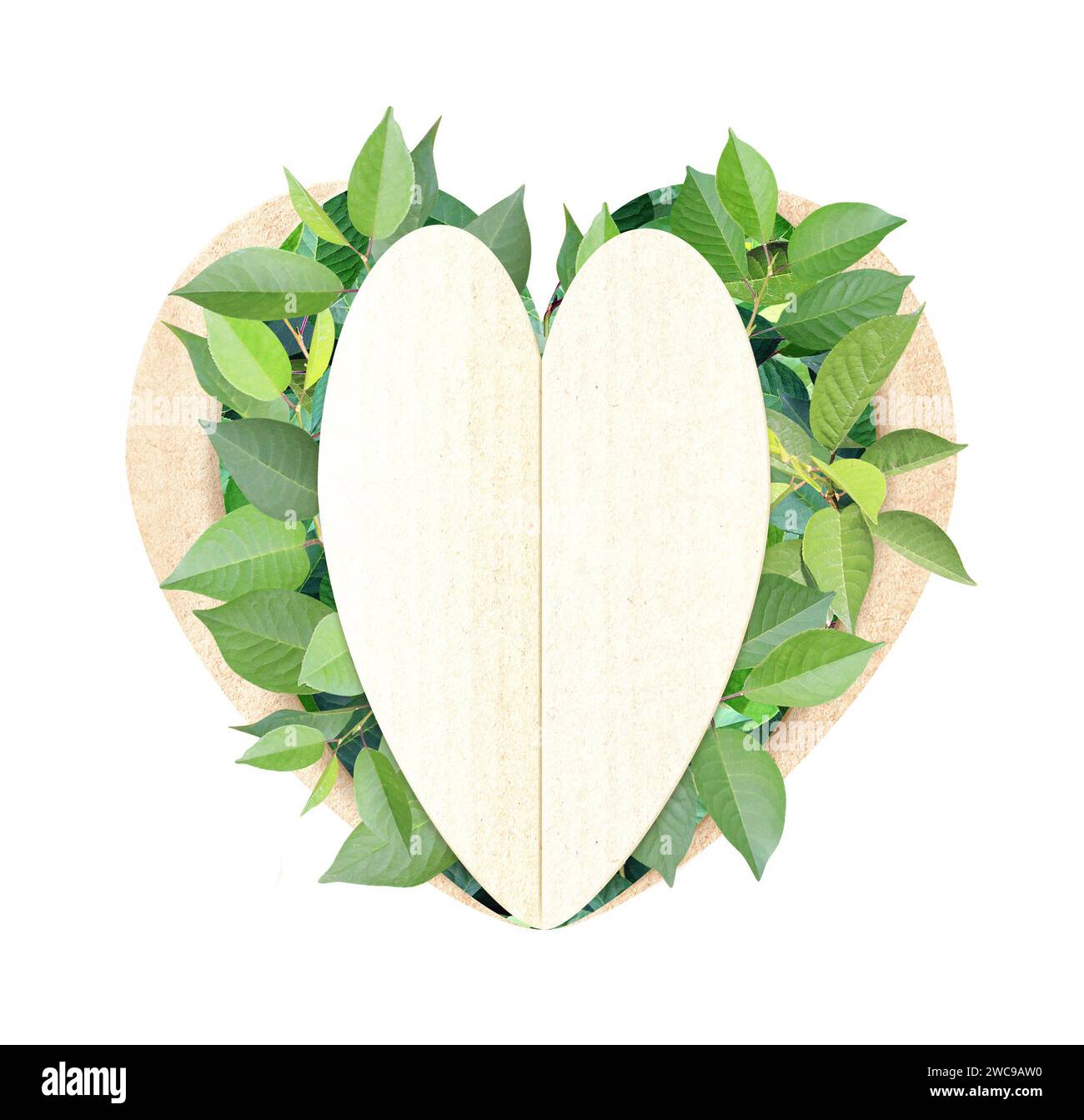Heart shape hole and green leaves on cardboard texture. Isolated on ...