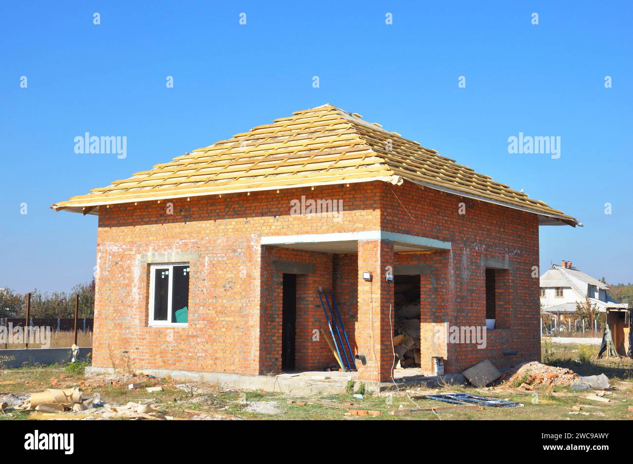 Building constraction brick house with wooden beams,rafters roofing ...