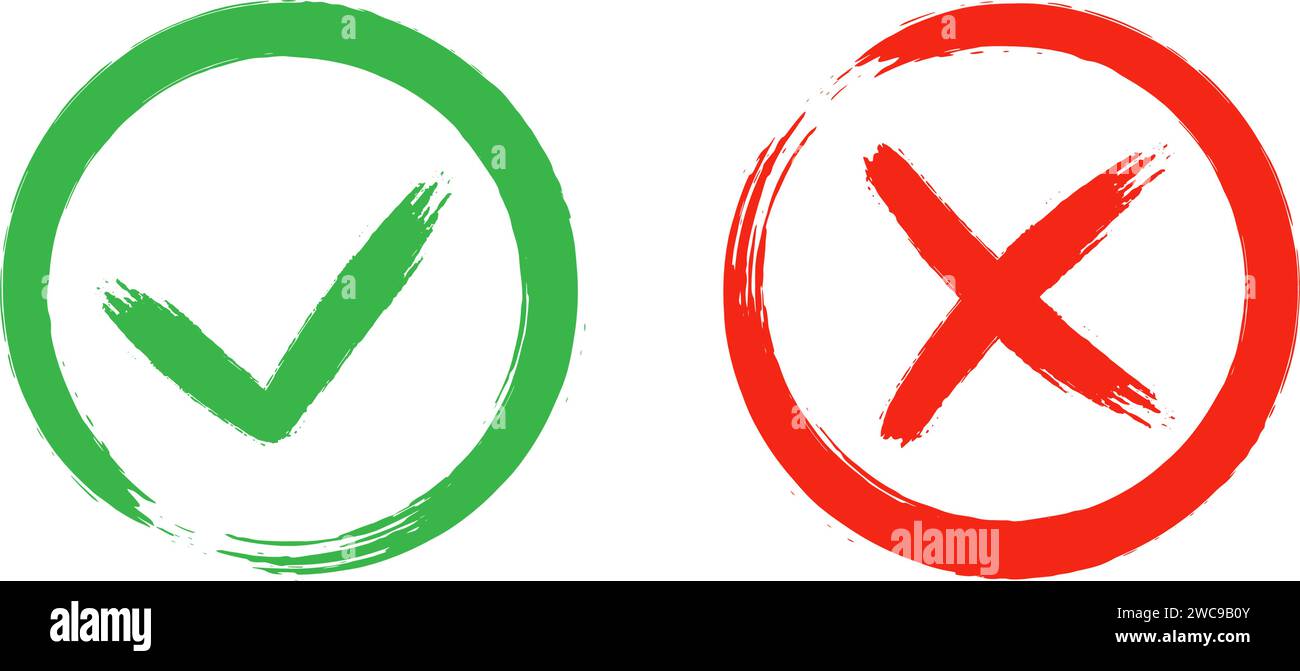 Two dirty grunge cross x and tick OK check marks in check boxes, hand ...