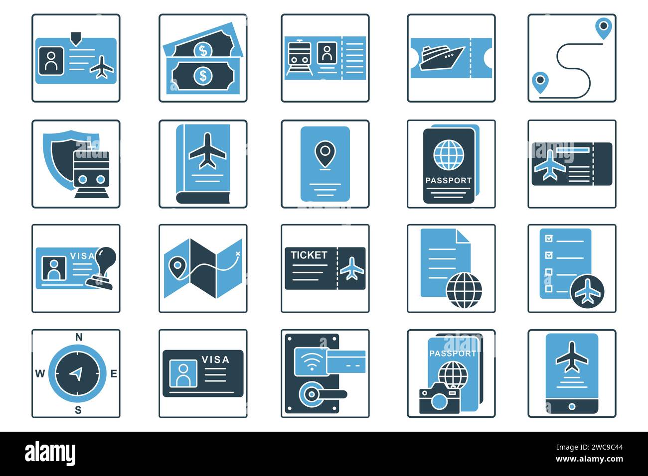 travel document icon set. passport, boarding pass, visa, road map, id ...