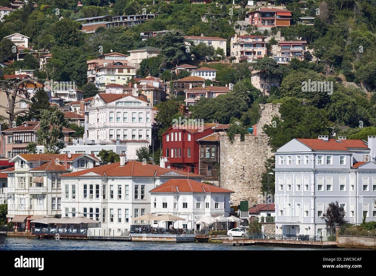 Traditional wooden waterfront houses in the Bosphorus strait. Istanbul ...