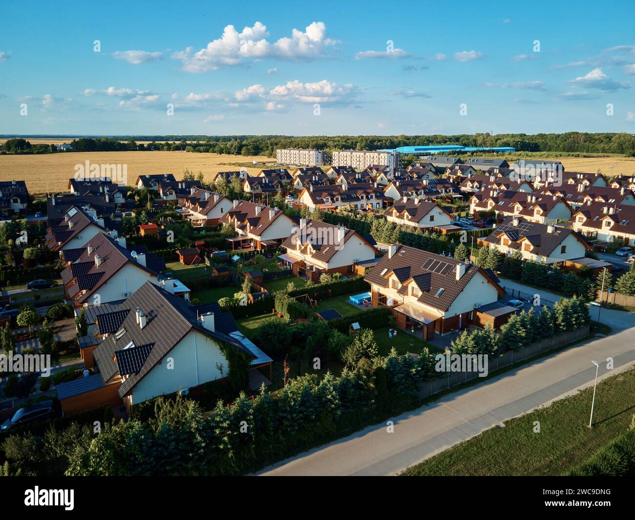 Aerial view of family houses in suburban neighborhood, Residential ...